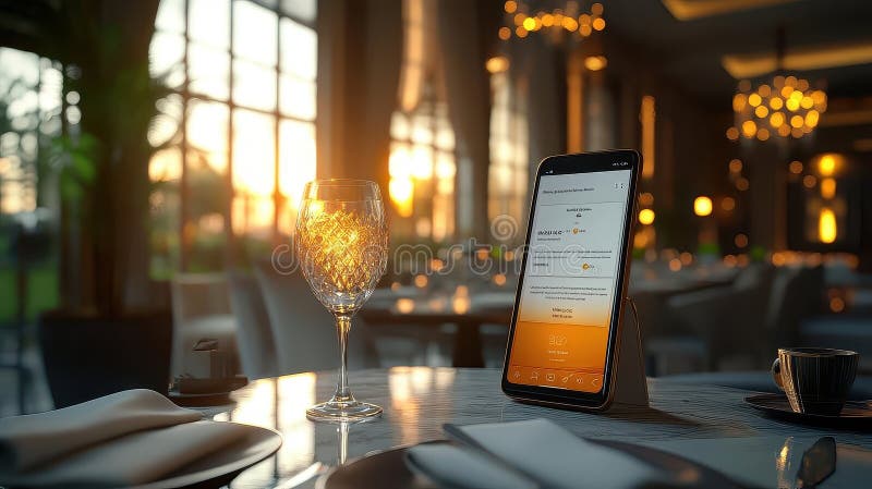 Ordering Food with a Smartphone at a Restaurant with a Beautiful Sunset ...