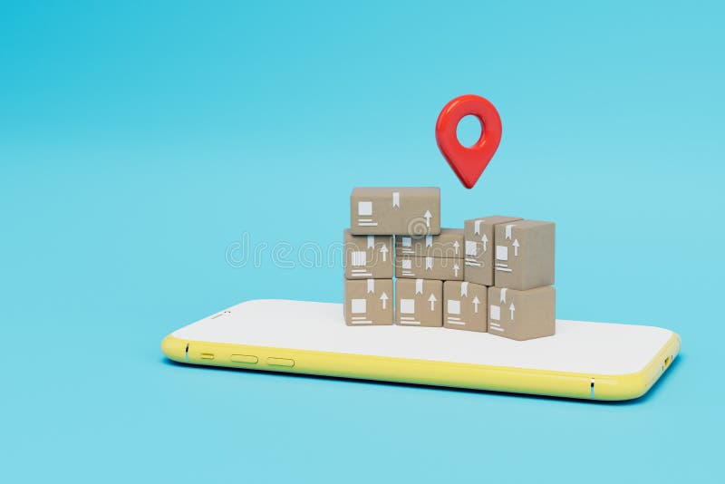 Ordering Parcel Delivery Online Via Smartphone. Phone on Which Boxes ...