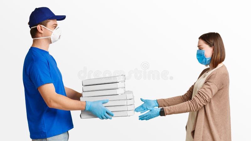Ordering Pizza. Girl Receives Order from Courier Stock Photo - Image of ...