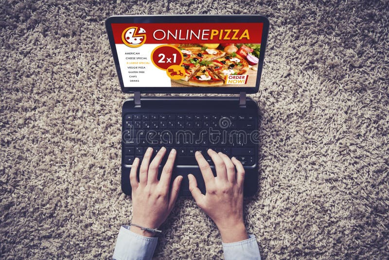 Laptop with Pizza Shop in the Screen, Placed on a Wooden Table. Stock ...