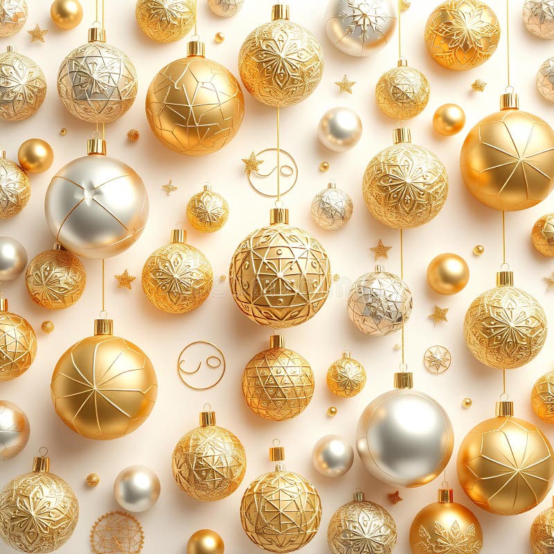 Orderly Composition of Decorated Christmas Ornaments, Gold, and Silver ...