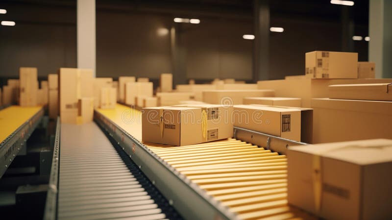 Orders Processed on Conveyor Belt. Cardboard Boxes in Logistics ...