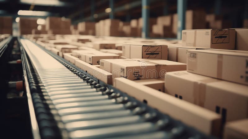 Orders Processed on Conveyor Belt. Cardboard Boxes in Logistics ...