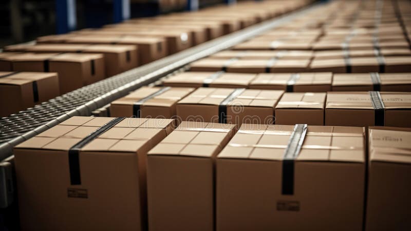 Orders Processed on Conveyor Belt. Cardboard Boxes in Logistics ...