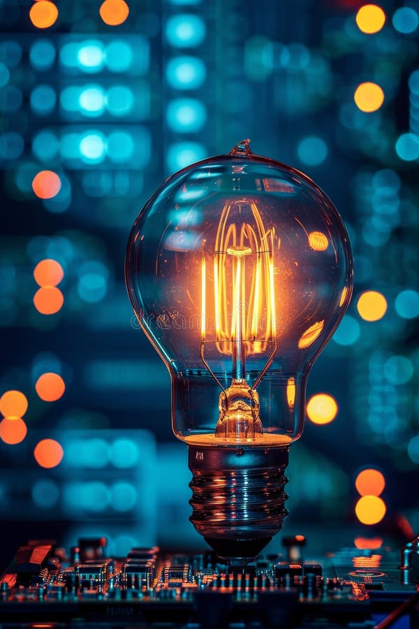 An Ordinary Incandescent Light Bulb Stands on a Chip and Burns at Night ...