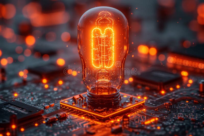 An Ordinary Incandescent Light Bulb Stands on a Chip and Burns at Night ...
