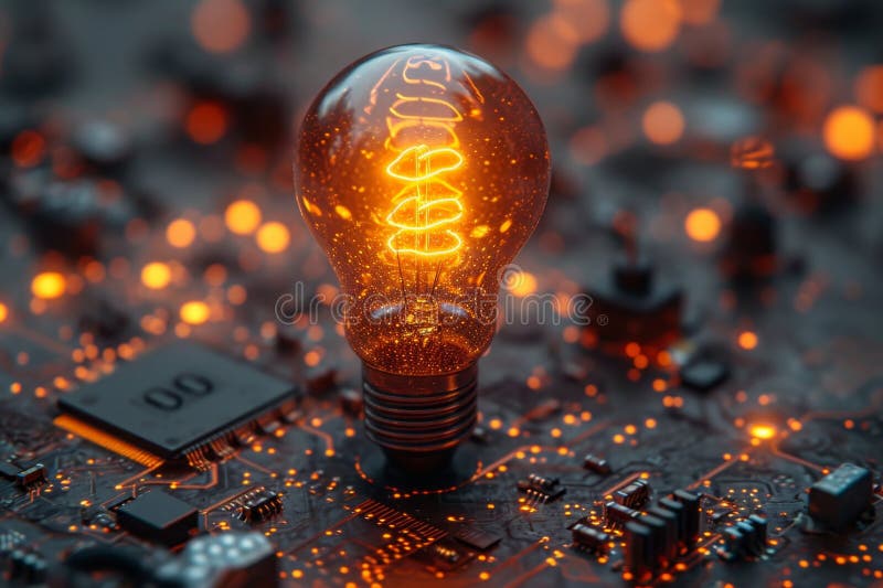 An Ordinary Incandescent Light Bulb Stands on a Chip and Burns at Night ...