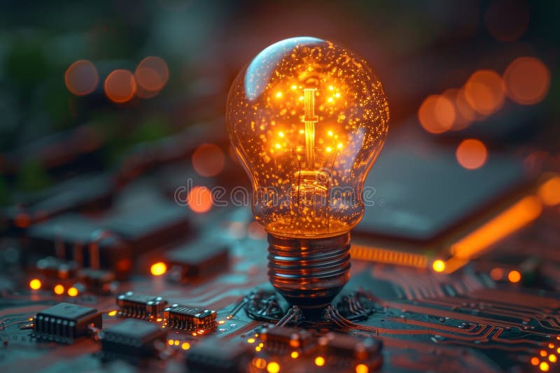 An Ordinary Incandescent Light Bulb Stands on a Chip and Burns at Night ...