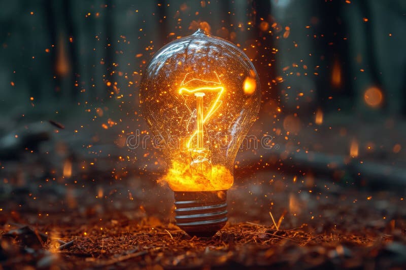 An Ordinary Incandescent Light Bulb Stands on the Ground and Burns at ...