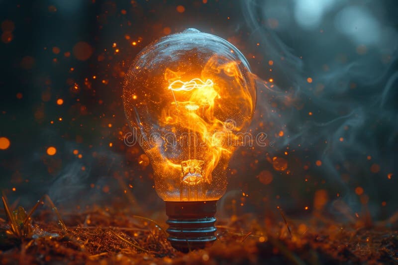 An Ordinary Incandescent Light Bulb Stands on the Ground and Burns at ...