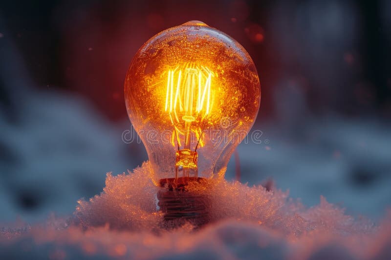 An Ordinary Incandescent Light Bulb Stands Outside in Winter and Burns ...