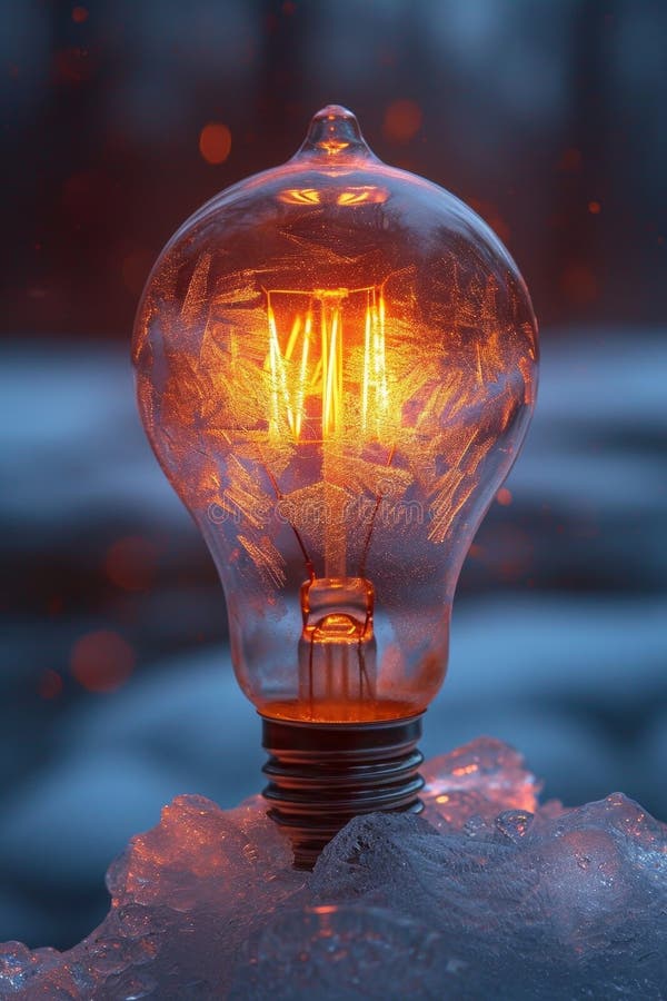 An Ordinary Incandescent Light Bulb Stands Outside in Winter and Burns ...