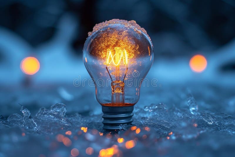 An Ordinary Incandescent Light Bulb Stands Outside in Winter and Burns ...