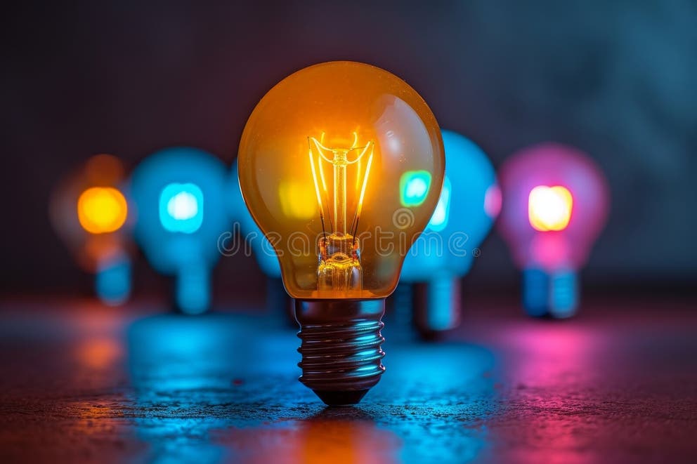 An Ordinary Incandescent Light Bulb Stands on the Table and Burns at ...