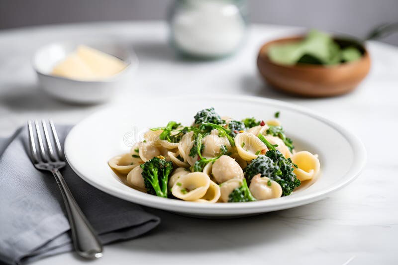 Orecchiette Pasta with Broccoli Rabe on the Plate on the Table Stock ...