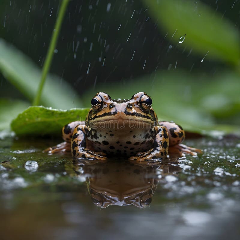 Moist Environment: Oregon Spotted Frog on Wet Leaf in a Rainstorm Stock ...