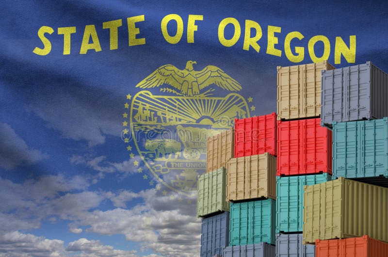 Oregon US State Flag and Big Stack of Shipping Cargo Containers in ...