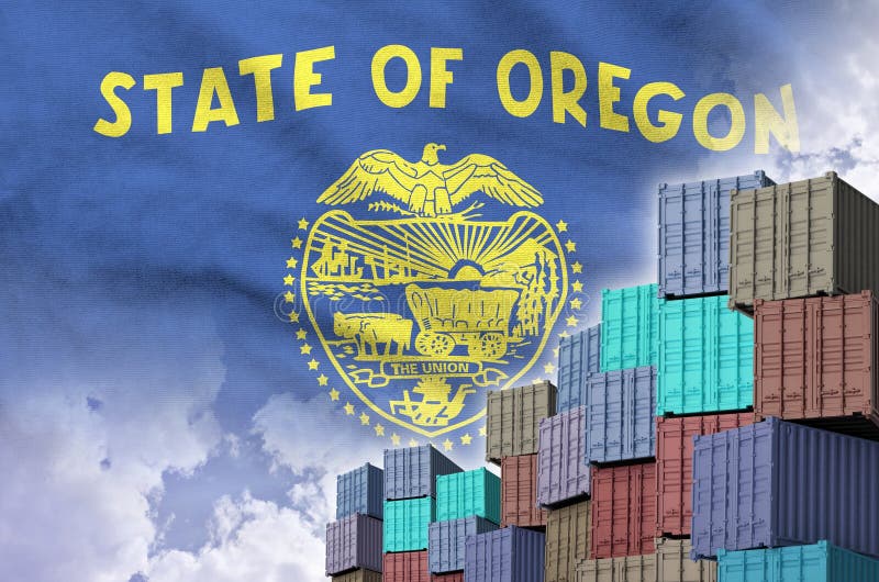 Oregon US State Flag and Big Stack of Shipping Cargo Containers in ...