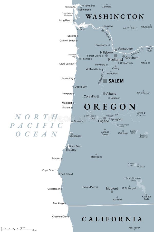 Oregon Coast, Coastal Region of U.S. State of Oregon, Political Map ...