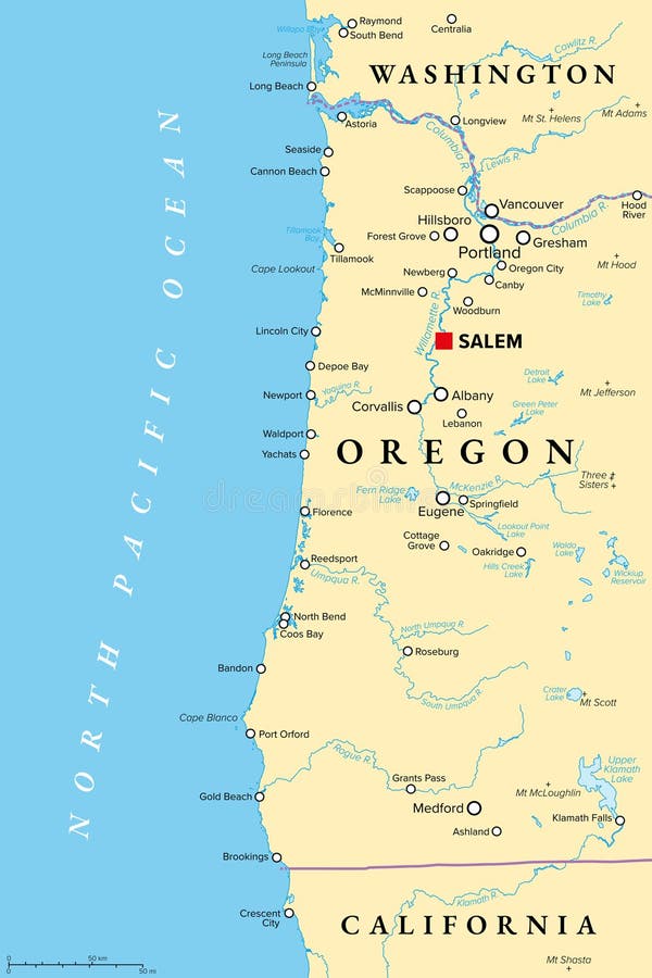 Oregon Coast, Coastal Region of U.S. State of Oregon, Political Map ...
