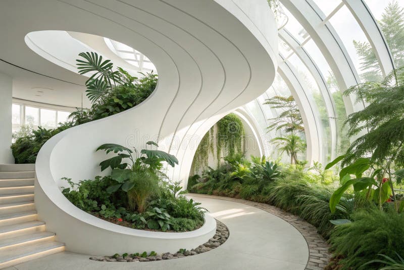 Organic Architecture Design White Curving Structure with Indoor Plants - Generated by Ai Stock ...