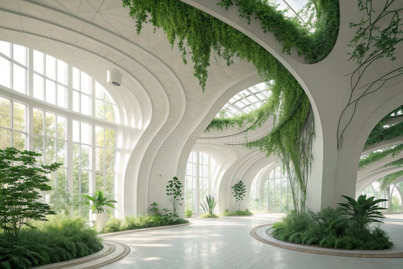 Organic Architecture Design White Curving Structure with Indoor Plants - Generated by Ai Stock ...