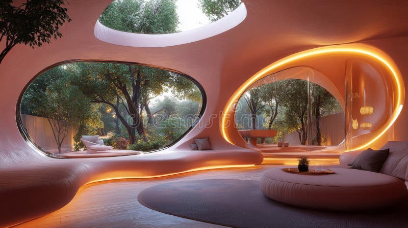 Organic Architecture Living Room with Pink Walls and Soft Lighting ...