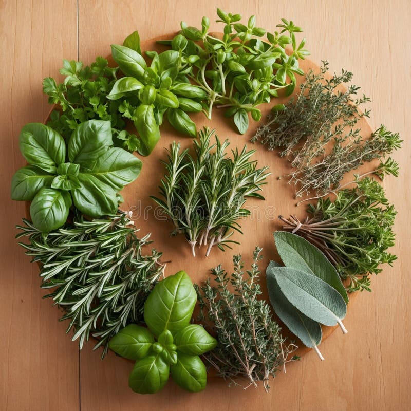 Herb Garden Circle: Fresh Basil, Rosemary, Thyme Stock Illustration ...