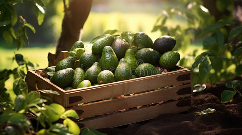 Organic Avocado in a Wooden Crate on a Field.Generative AI Stock Image ...