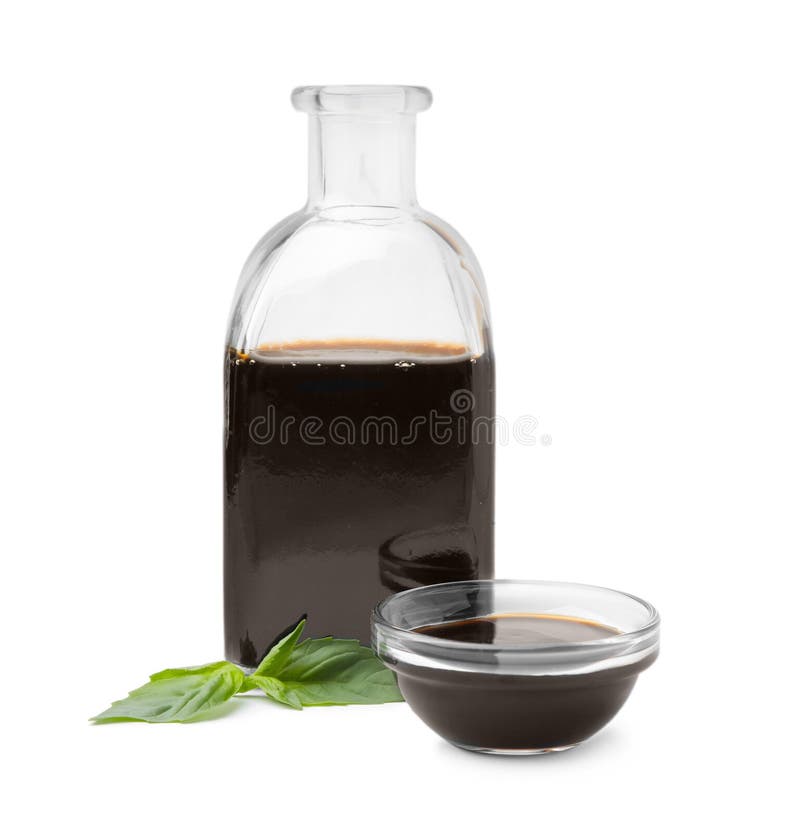 Organic Balsamic Vinegar and Basil Isolated on White Stock Image ...