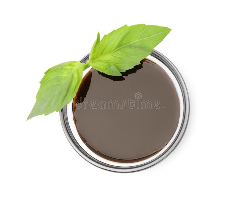 Organic Balsamic Vinegar and Basil Isolated on White, Top View Stock ...