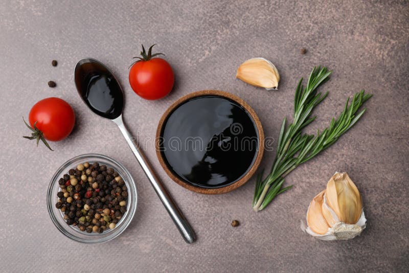 Organic Balsamic Vinegar and Cooking Ingredients on Grey Table, Flat ...