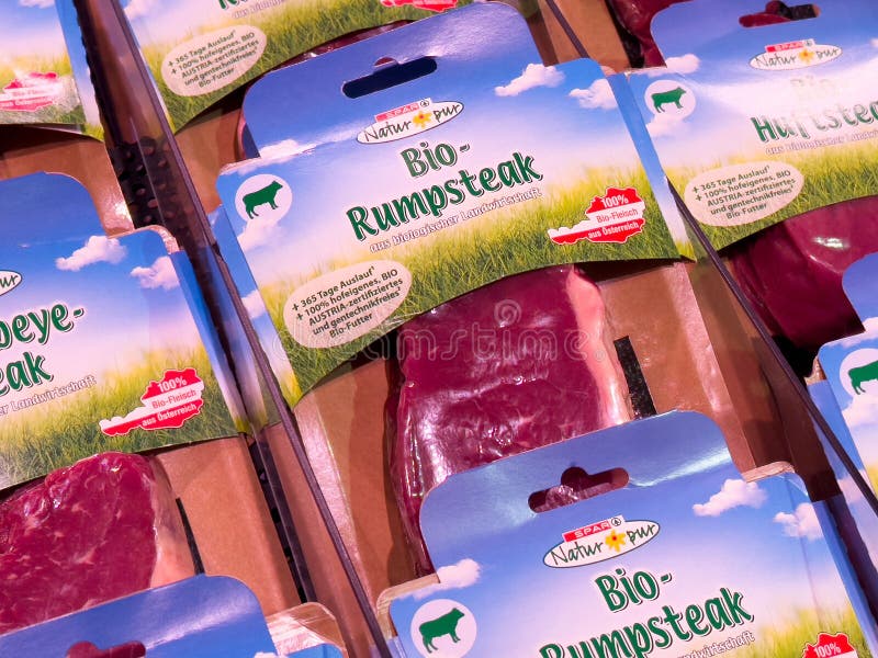 Organic Beef Rumpsteak Packaging on Display in Supermarket Editorial ...