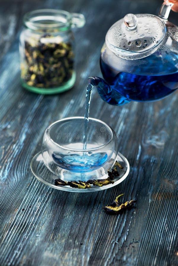 Organic Blue Tea Anchan in a Teapot and a Cup Stock Image - Image of ...