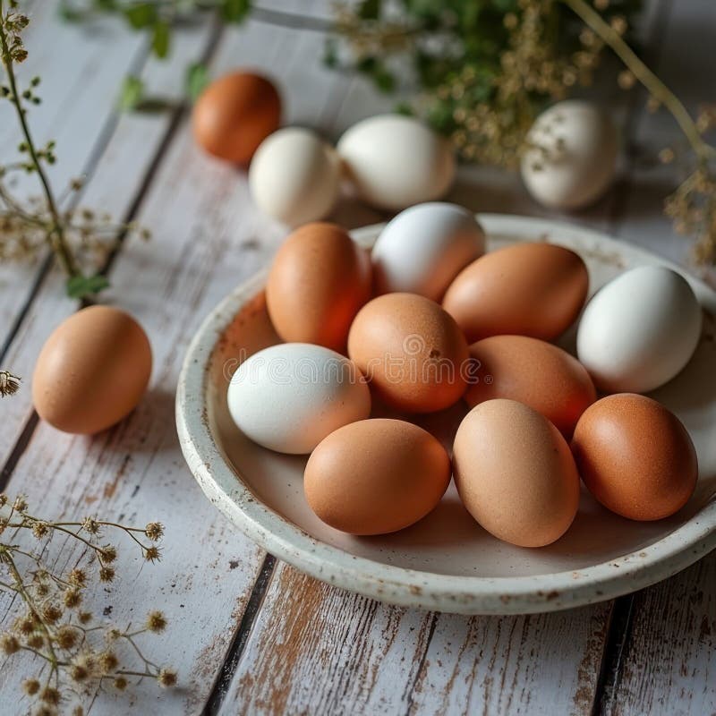 Organic Brown and White Eggs in Rustic Farmhouse Setting Stock Photo ...