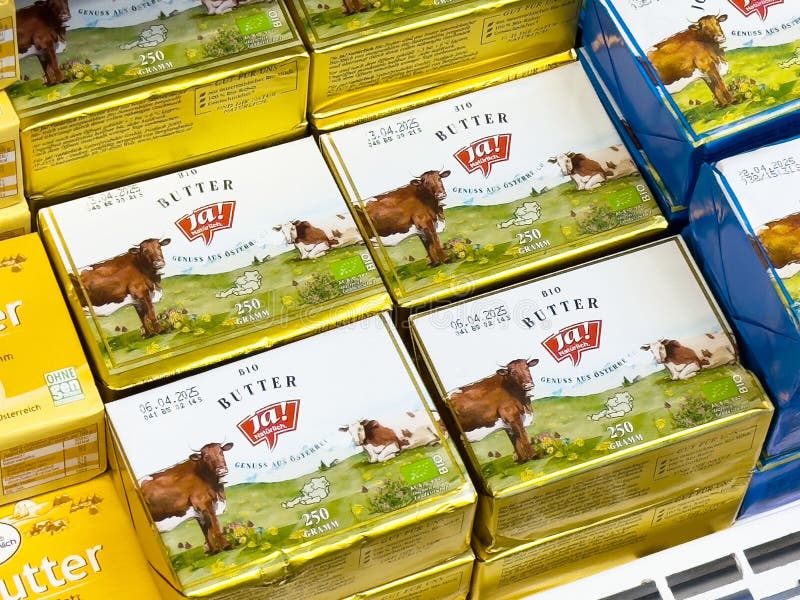 Organic Butter Packaging with Cows on Shelves in Grocery Store ...