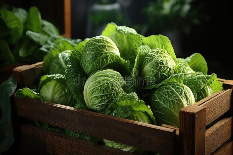 Organic Cabbage in a Wooden Box. Generative AI Stock Illustration ...