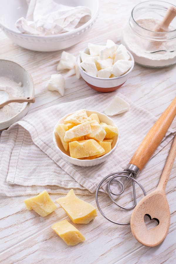 Organic Cacao Butter and Baking Ingredients with Kitchen Utensils Stock ...