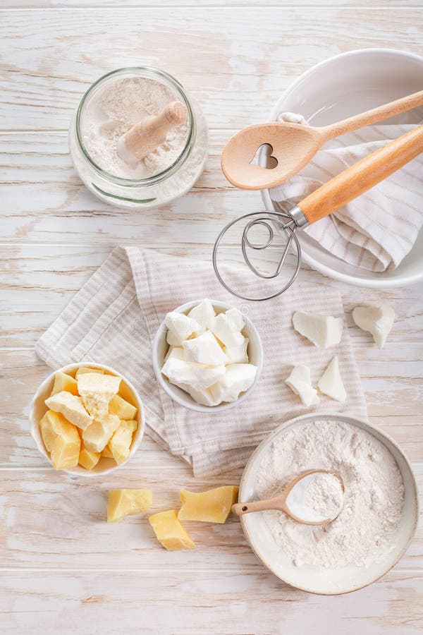 Organic Cacao Butter and Baking Ingredients with Kitchen Utensils Stock ...