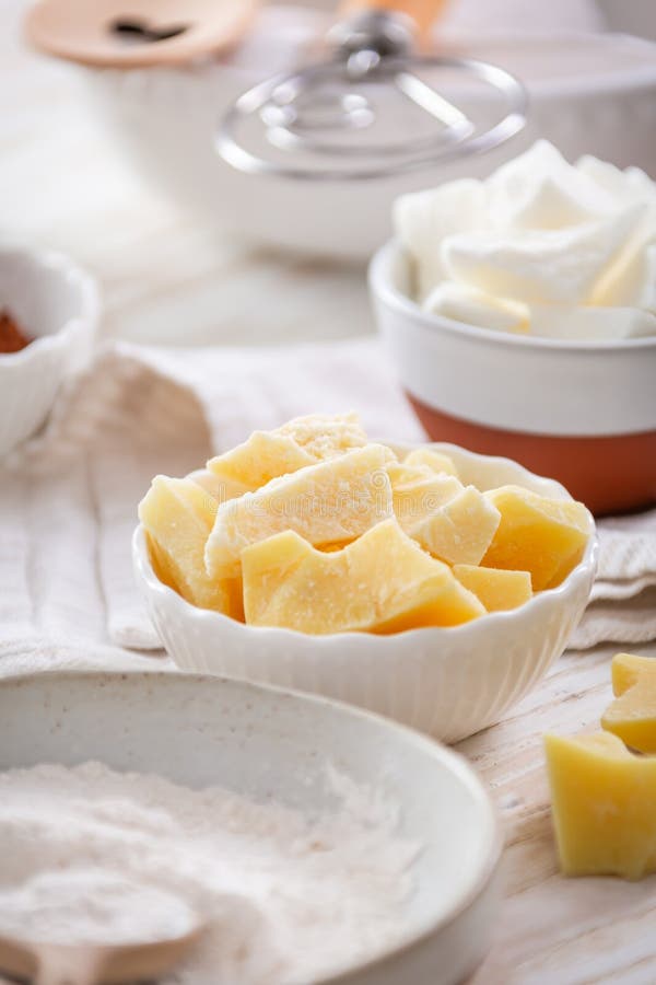 Organic Cacao Butter and Baking Ingredients with Kitchen Utensils Stock ...