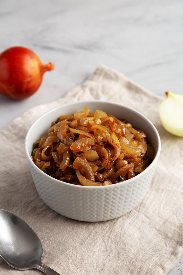 Organic Caramelized Onions in a Bowl, Side View Stock Image - Image of ...