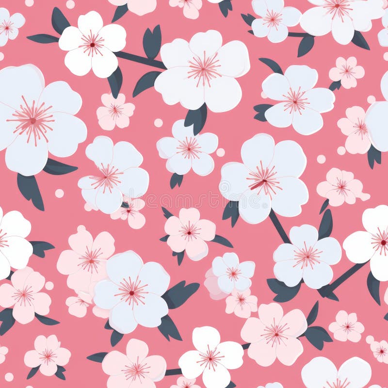 Organic Cherry Blossom Pattern on Pink Background Stock Illustration ...