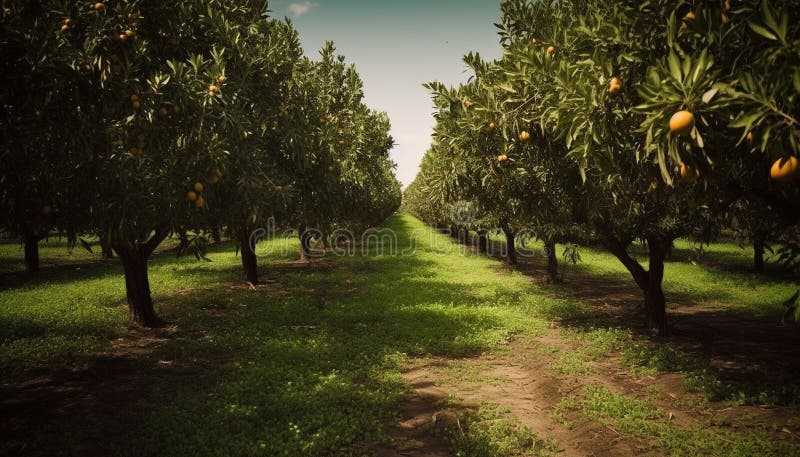 Organic Citrus Orchard in Rural Landscape, Ripe Fruit in Rows Generated ...