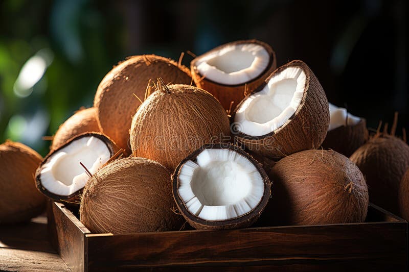 Organic Coconut in a Wooden Box. Generative AI Stock Illustration ...