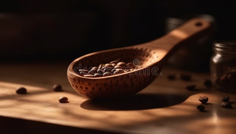 Organic Coffee Bean Heap on Wooden Spoon, Rustic Still Life Generated ...