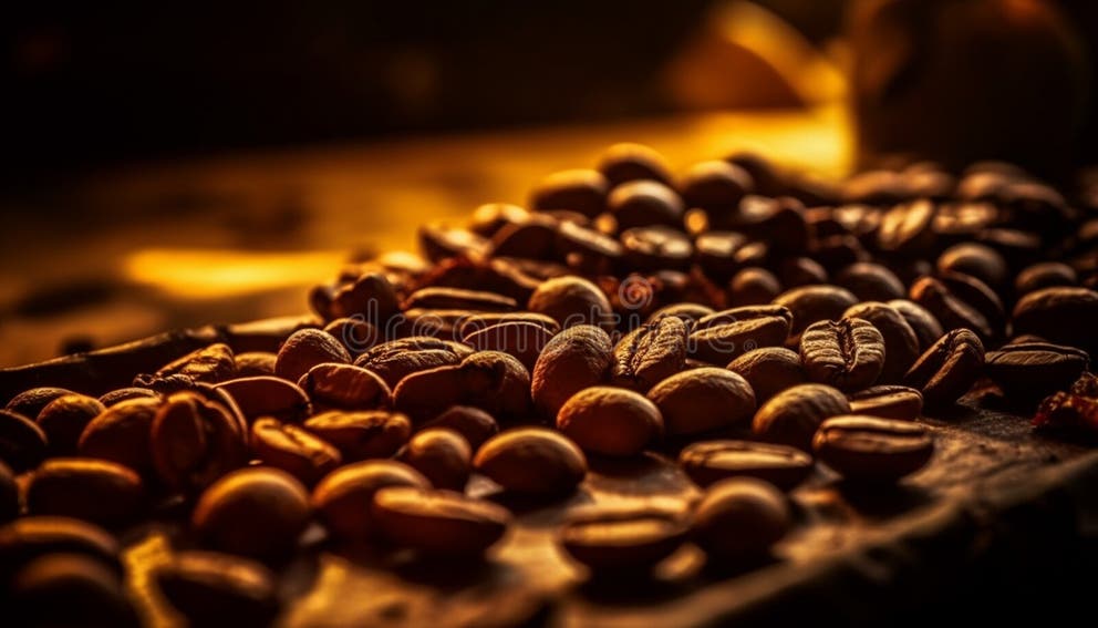 Organic Coffee Bean Stack on Rustic Wood Table, Soft Focus Generated by ...