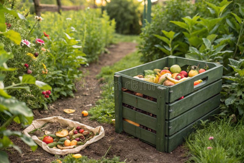 Organic Composting Bin Filled with Fruit Scraps in a Lush Garden ...