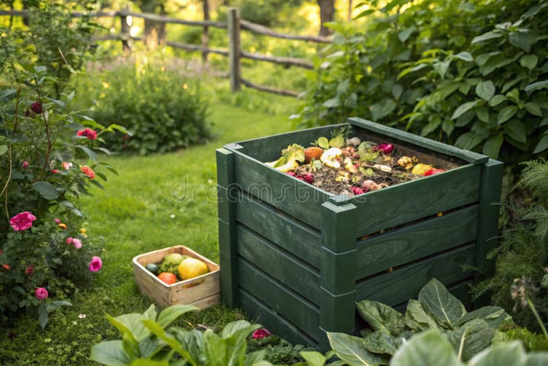 Organic Composting Bin Filled with Fruit Scraps in a Lush Garden ...