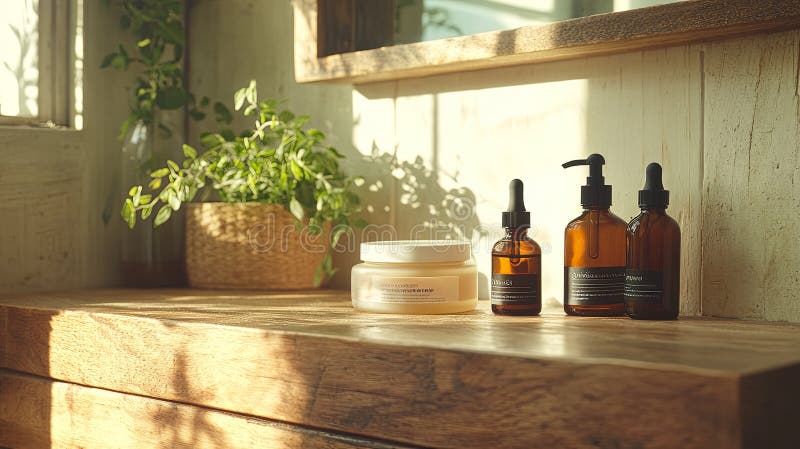 Organic Face Creams and Oils on a Wooden Vanity. Stock Image - Image of ...