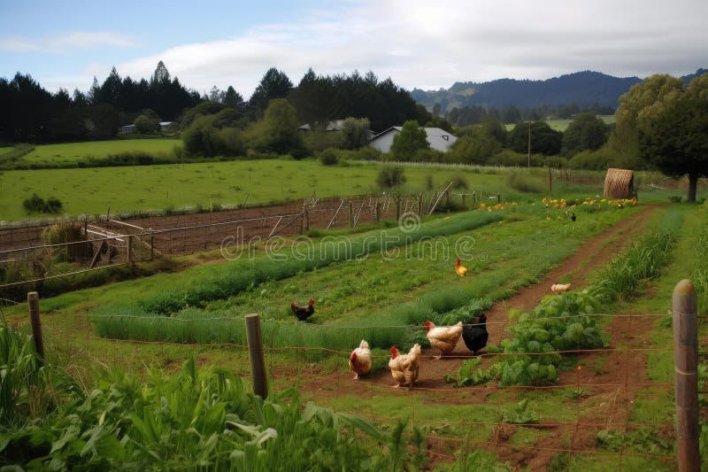 Organic Farm, with Rows of Crops and Free-range Livestock Stock ...